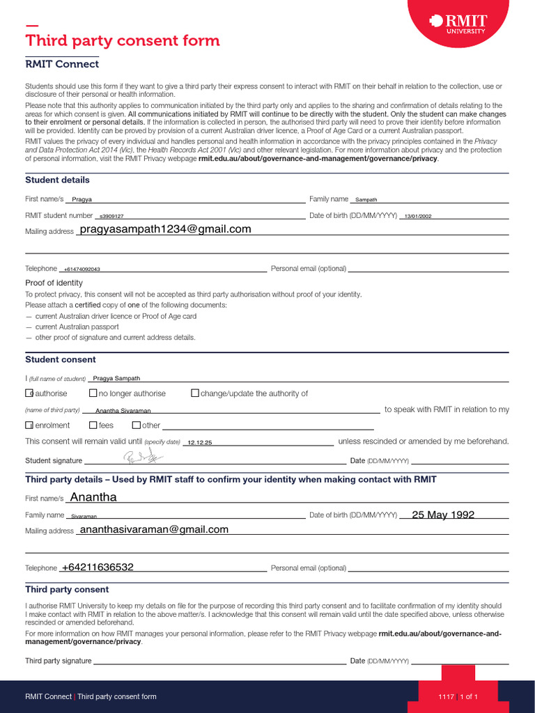 RMIT Third Party Consent Form | PDF | Identity Document | Privacy
