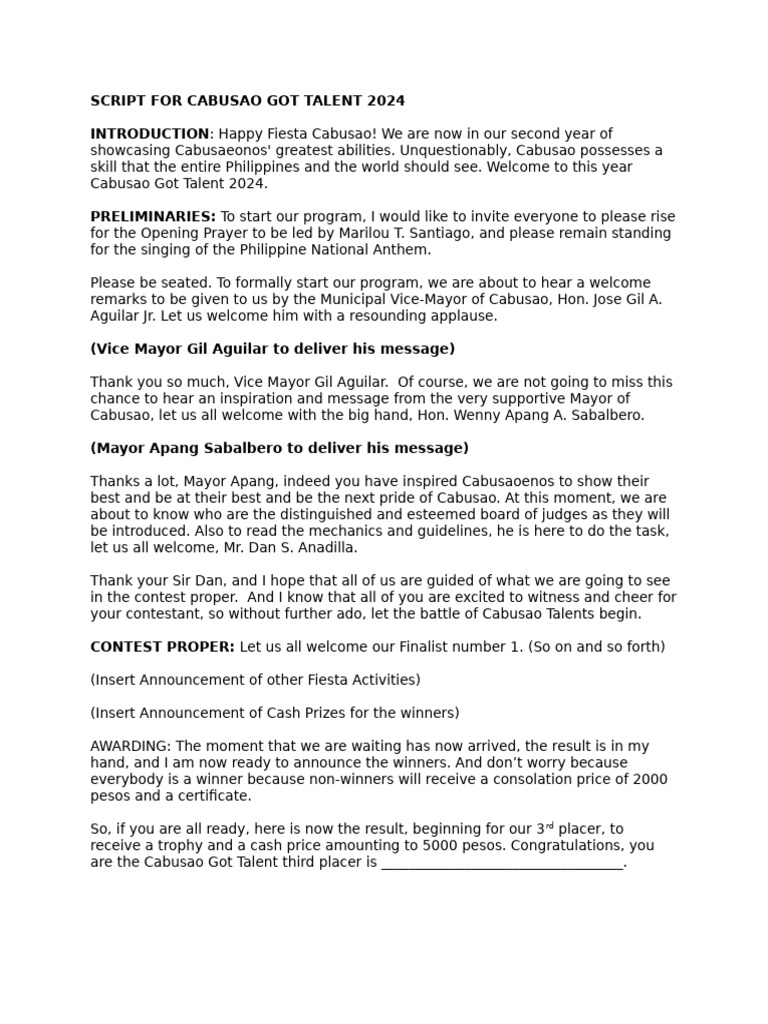 Script For Cabusao Got Talent 2024 | PDF