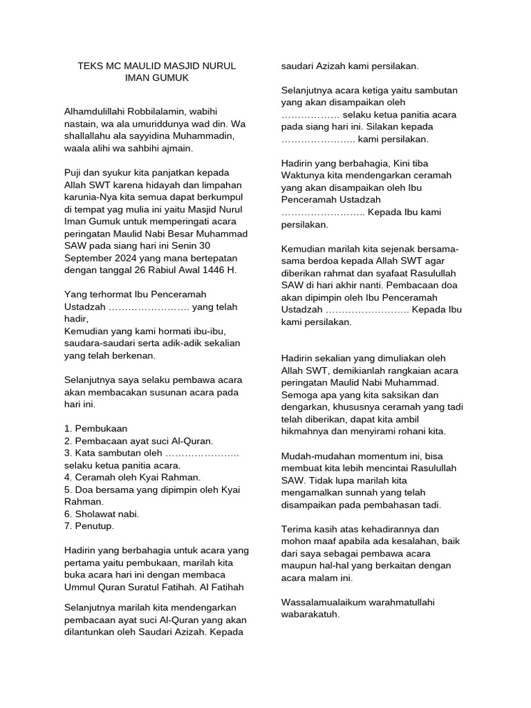 TEKS MC MAULID MASJID NURUL IMAN GUMUK | PDF