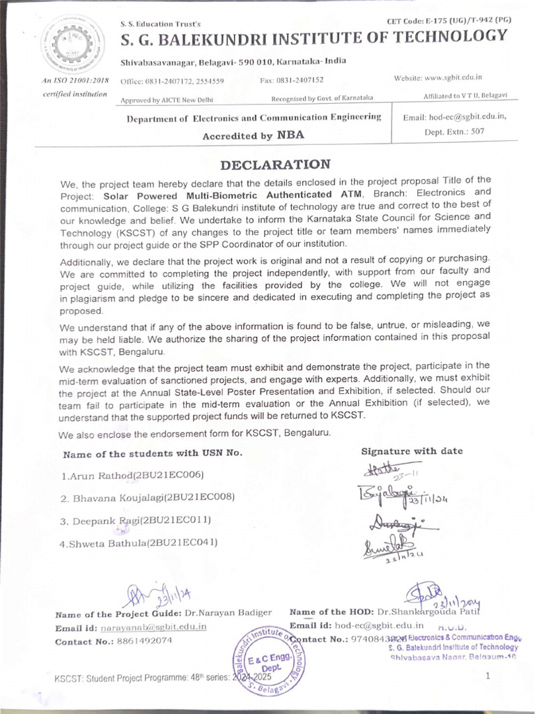 02 - Solar Powered Multi-Biometric Authenticated ATM - Declaration ...