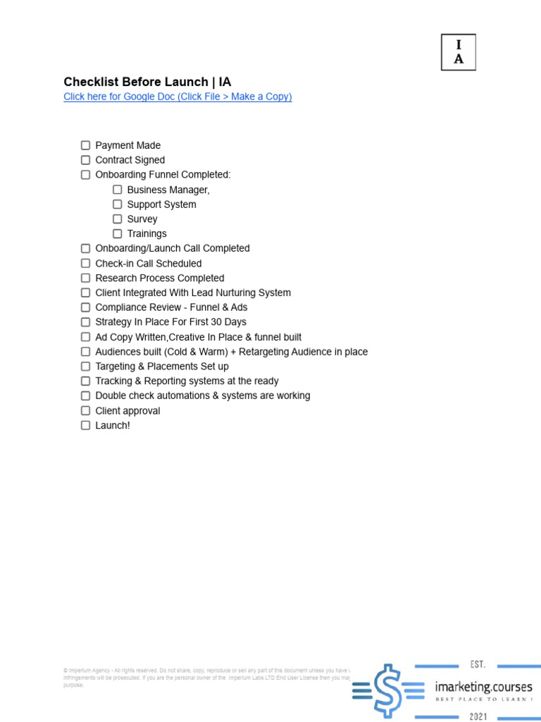 10-Checklist Before Launch Template IA | PDF