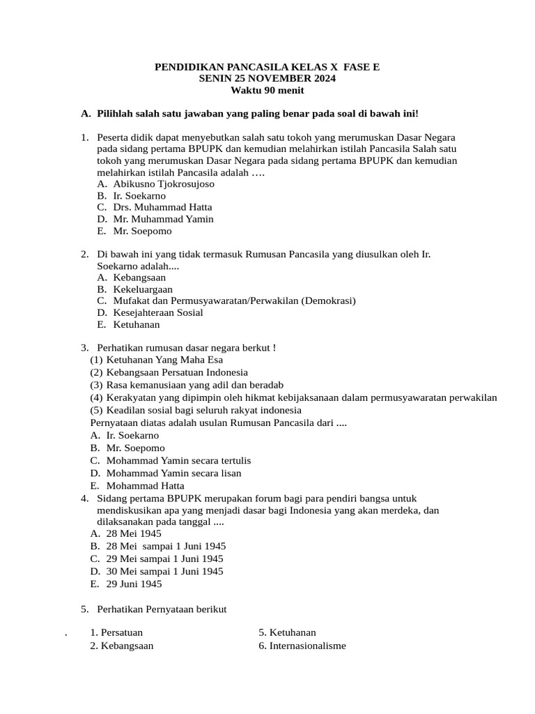 Soal Psas Pend. Pancasila Kelas X-24.25 | PDF