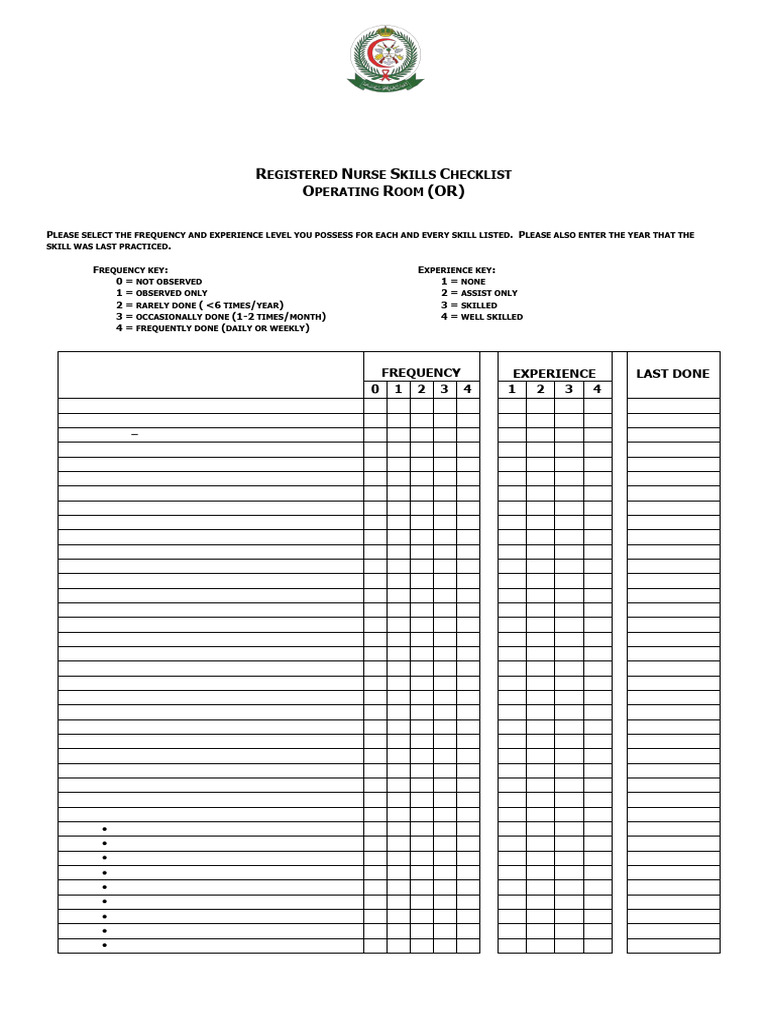 SKILLS-CHECKLIST-OPERATING-ROOM-OR | PDF | Medicine | Health Care
