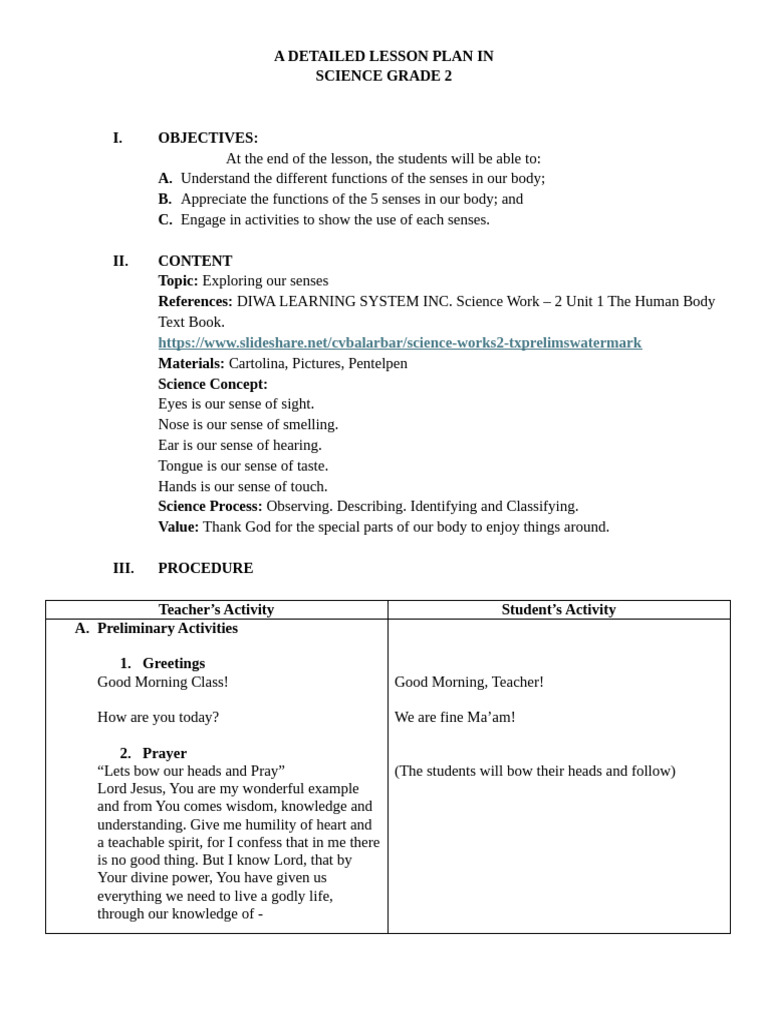 A Detailed Lesson Plan in Science Taneo | PDF | Senses | Helen Keller