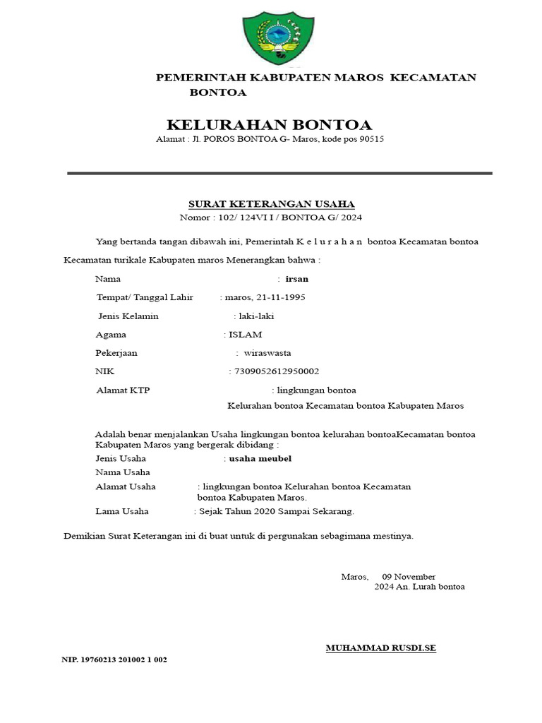 Surat Keterangan Usaha Meubel | PDF