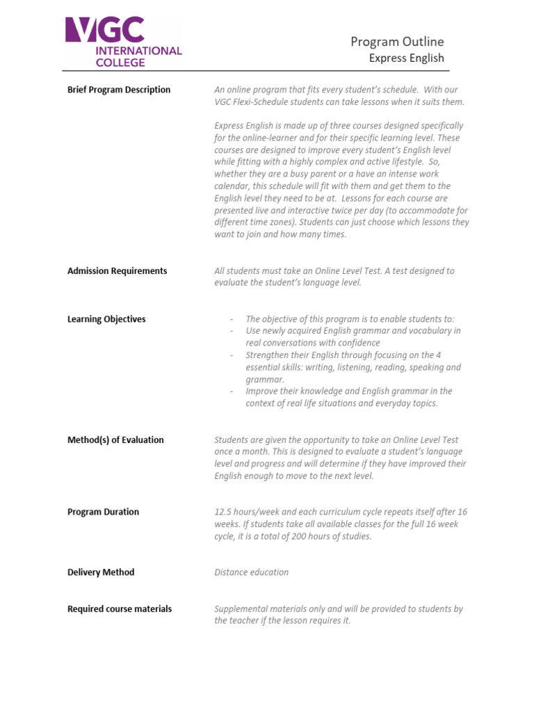 Express English Program Outlines | PDF | English Language | Teaching Method