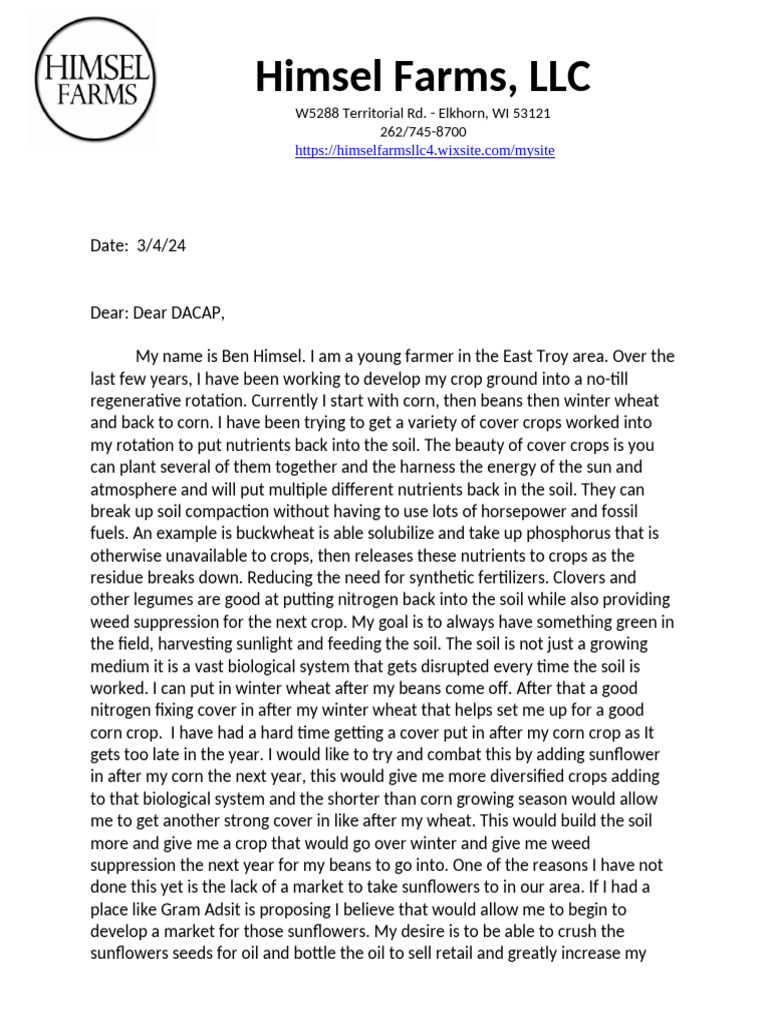 Himsel Farms Letter Head Suport Letter | PDF | Crop Rotation | Plant ...