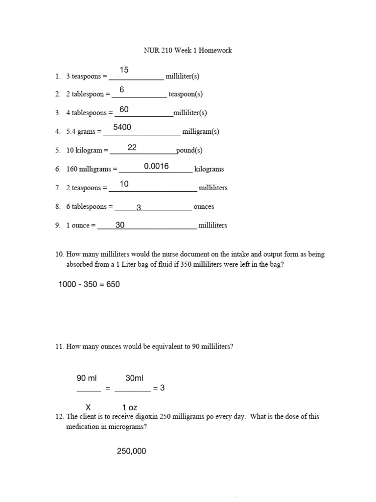 NUR 210 Week 1 Math Hom - Ework (ConverItsions) - Tagged | PDF | Litre | Kilogram