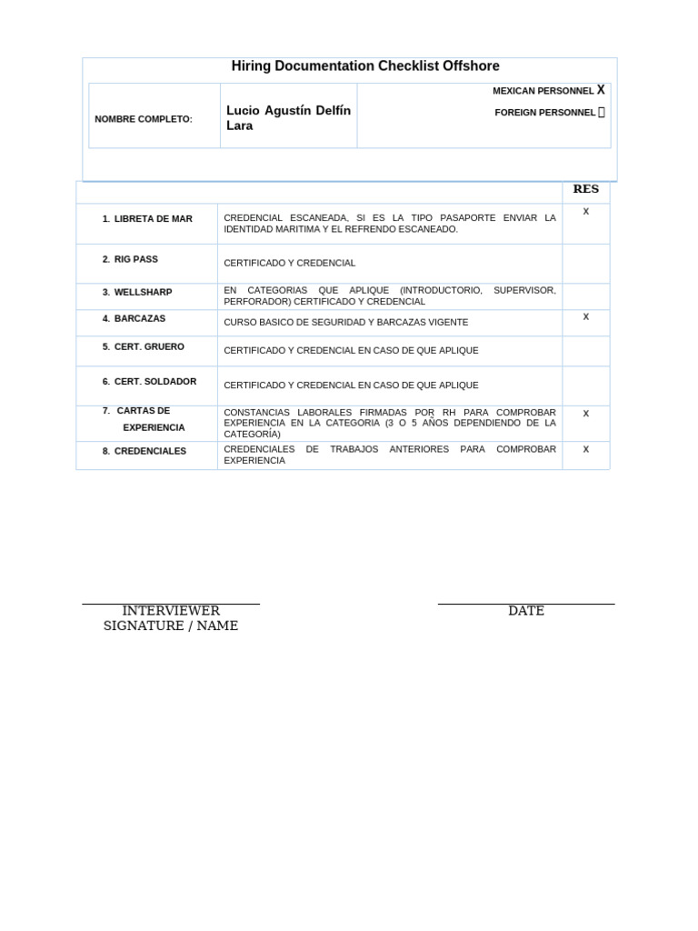 Hiring Documentation Checklist Offshore Lucio Agustin Delfin Lara | PDF