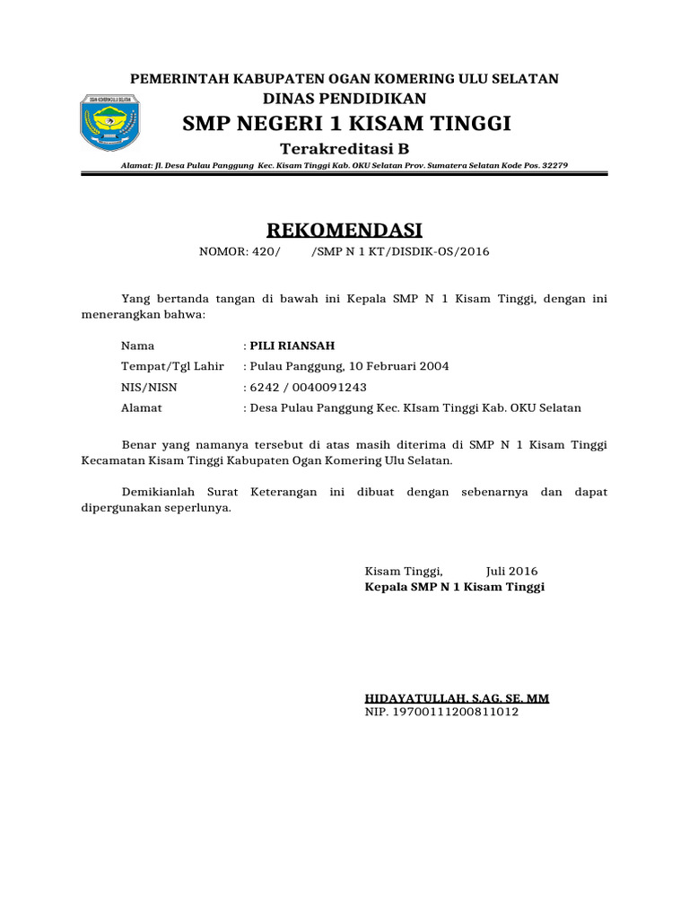 Surat Keterangan SMPN 1 Pulau Panggung | PDF
