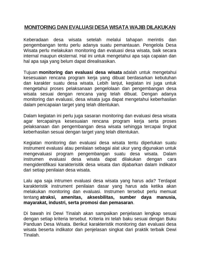 Monitoring Dan Evaluasi Desa Wisata Wajib Dilakukan | PDF