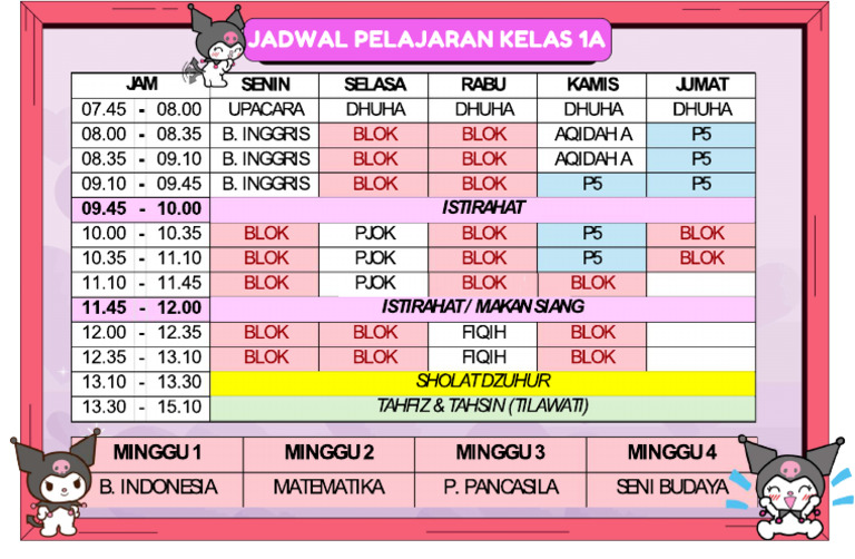 Jadwal Pelajaran Kelas 1A v2 - Compressed | PDF