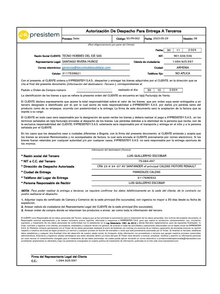 Formato Autorización luis guillermo manizales | PDF | Documento de identidad | Factura
