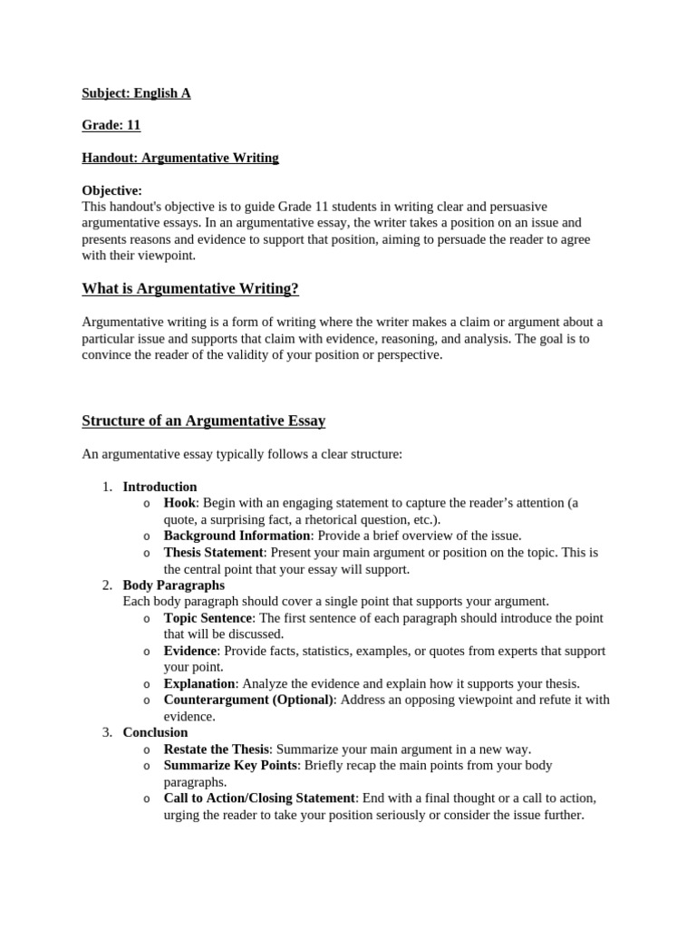 Grade 11 Argumentative Essay Guide | PDF | Essays | Argument