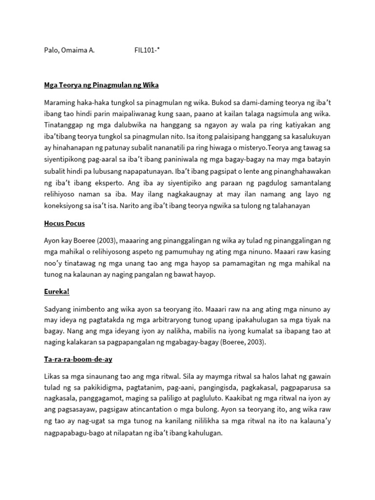 Mga Teorya NG Pinagmulan NG Wika | PDF