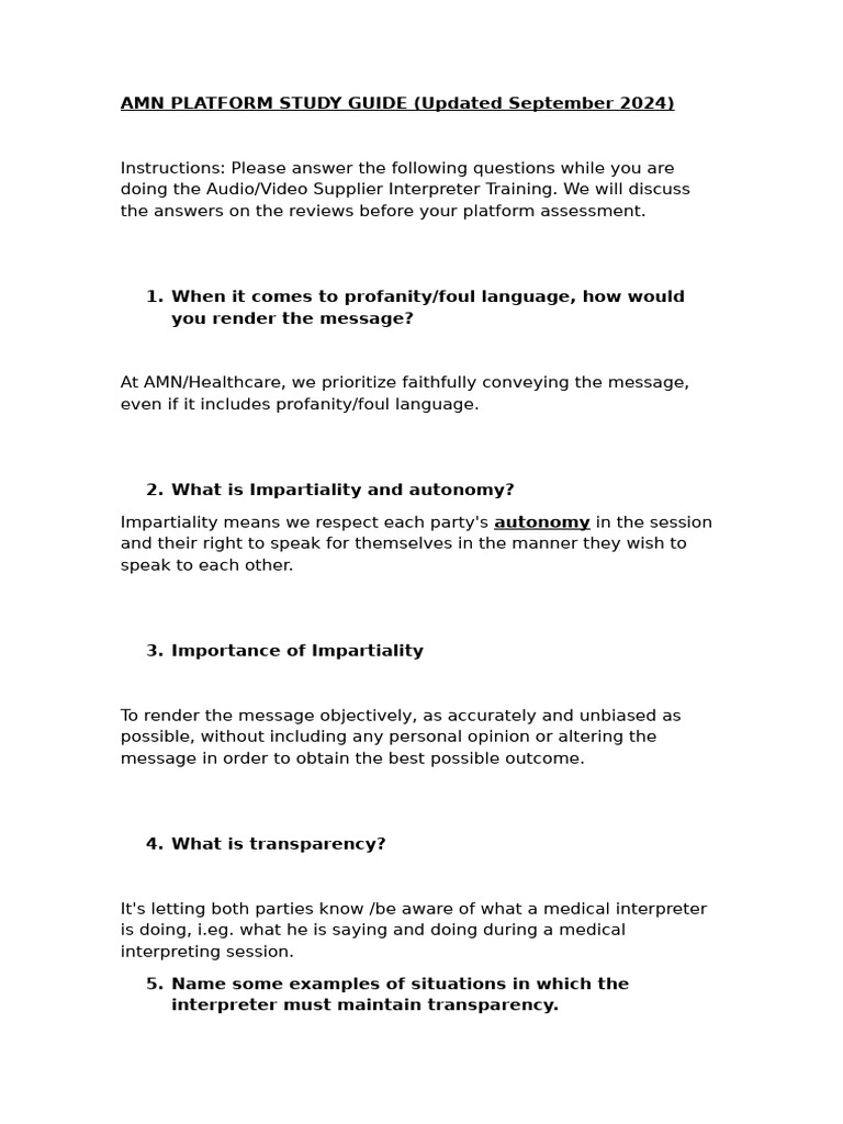 Amn Platform Study Guide | PDF | Language Interpretation | 9 1 1