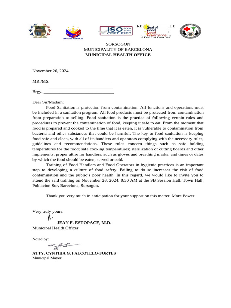 Letter - Food Handlers Training Nov. 2024 | PDF