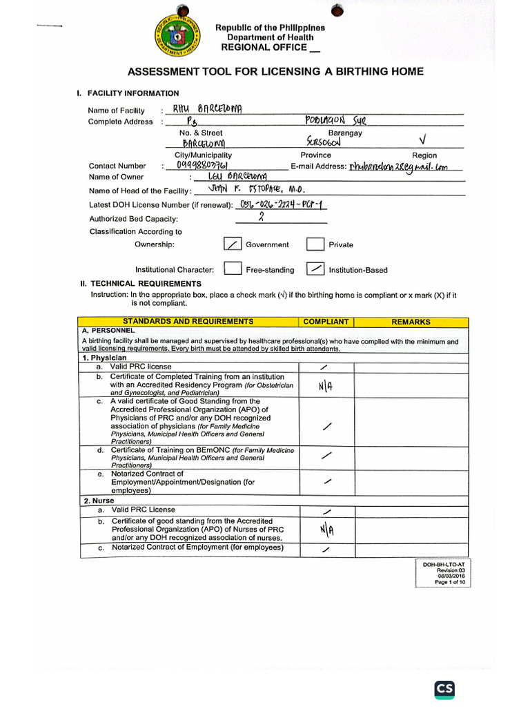 Assessment Tool For Licensing A Birthing Home | PDF