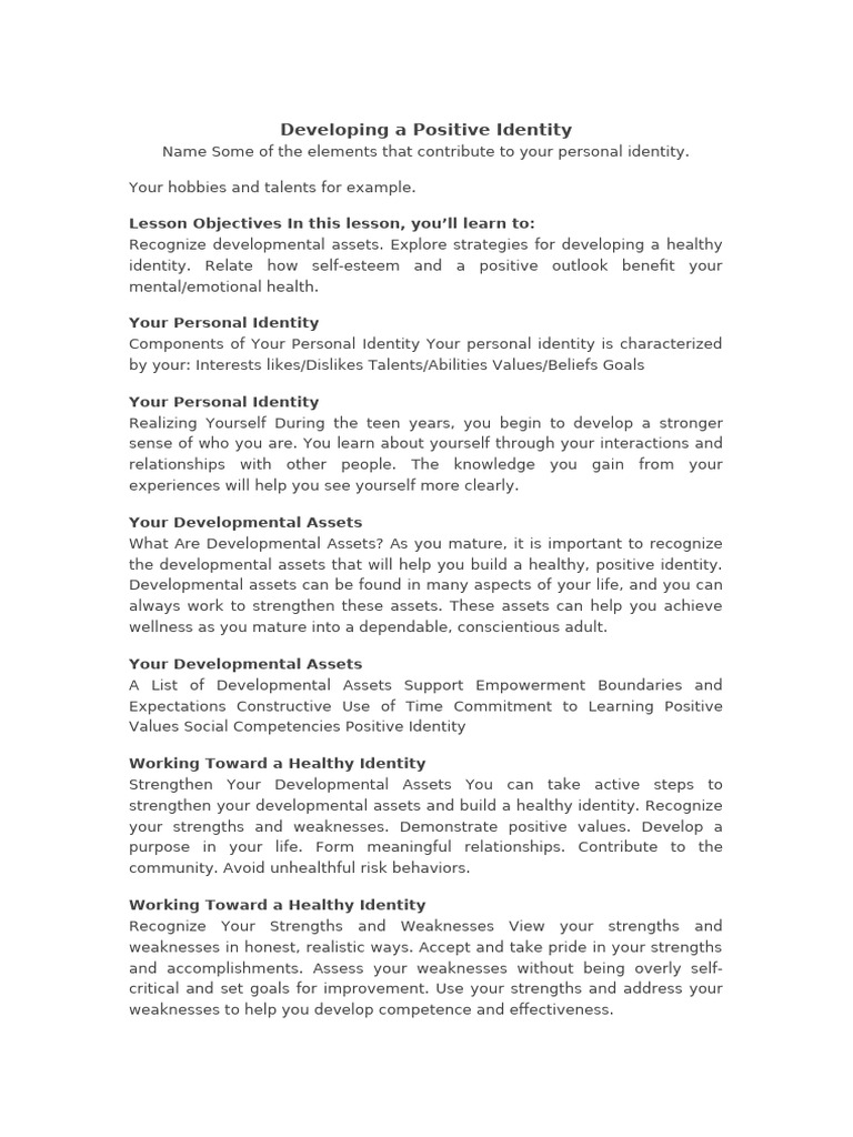 Building a Positive Personal Identity | PDF | Identity (Social Science ...