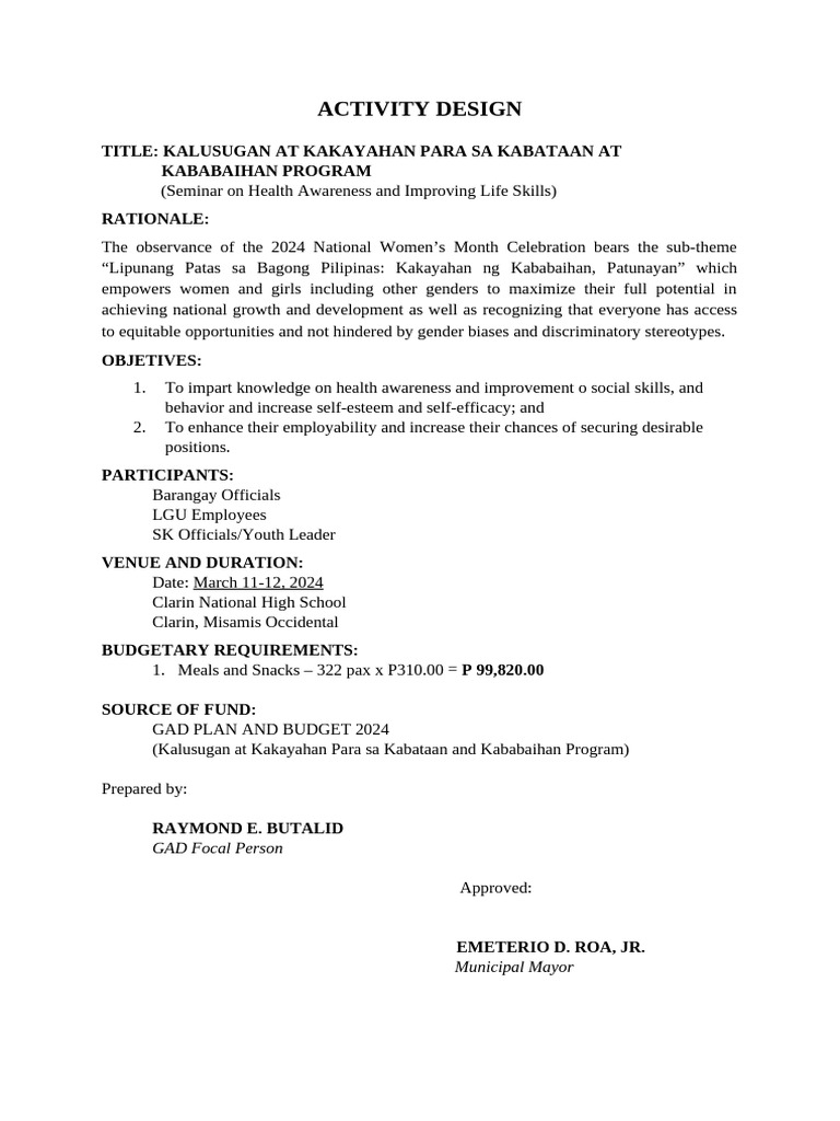 Activity Design Kalusugan at Kakayahan para Sa Kabataan at Kabbaihan ...