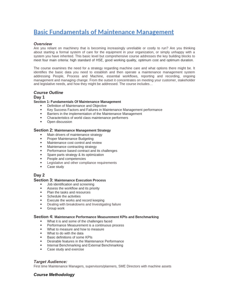 Basic Fundamentals of Maintenance Management Course Outline | PDF ...
