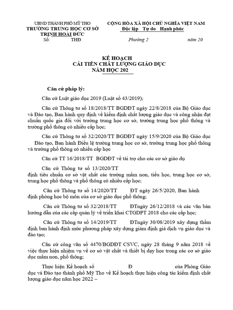 Ke Hoach Cai Tien Chat Luong Pl3 | PDF