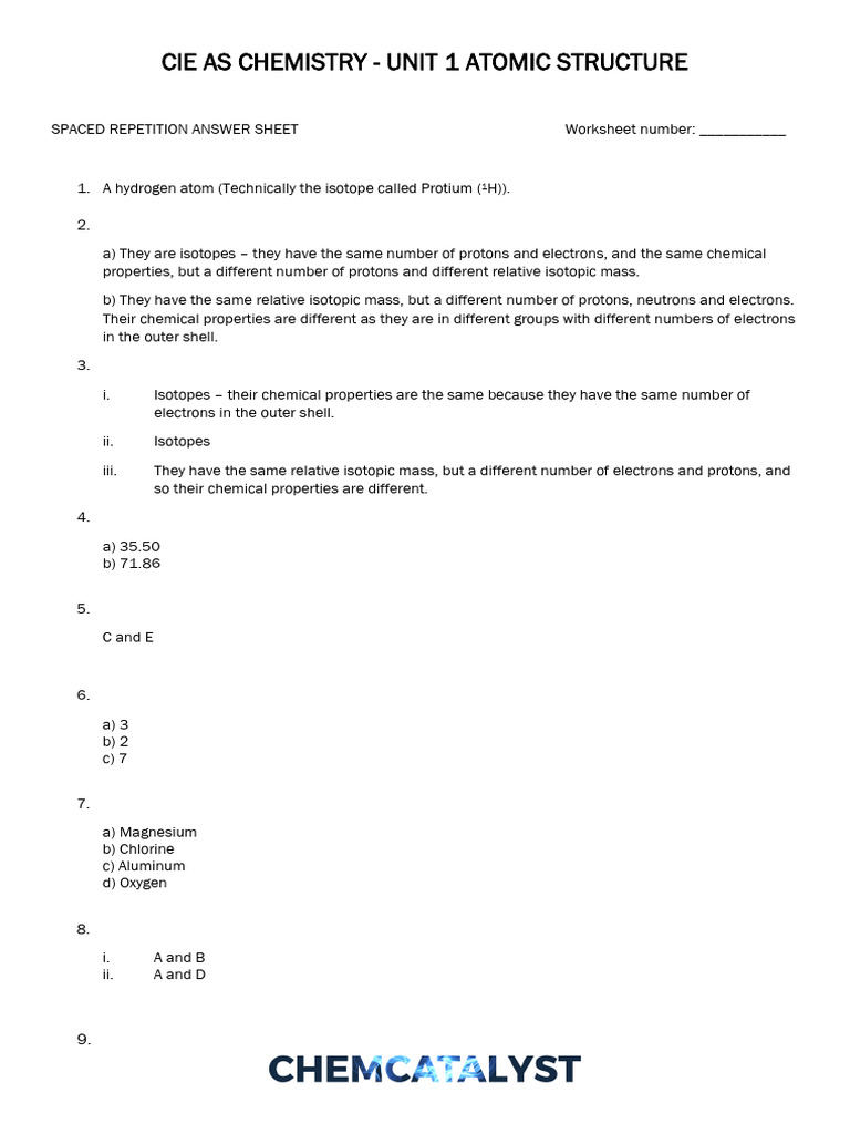 1 Atomic Structure Ans Pdf Electron Configuration Atoms