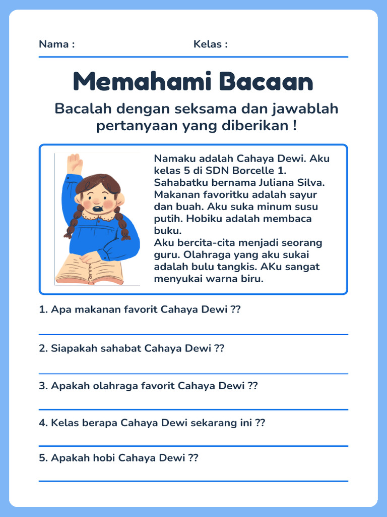 Biru Ilustrasi Memahami Bacaan Lembar Kerja Sekolah | PDF
