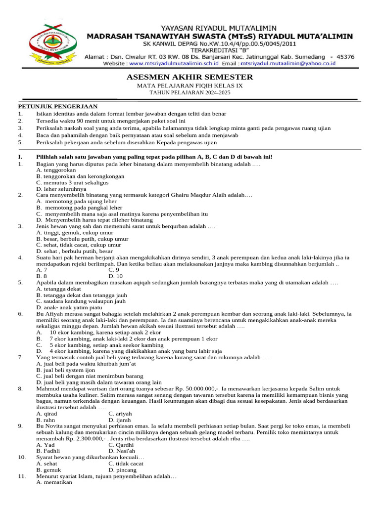 Soal Asas Fiqih Ganjil Kelas Xi 2024 | PDF