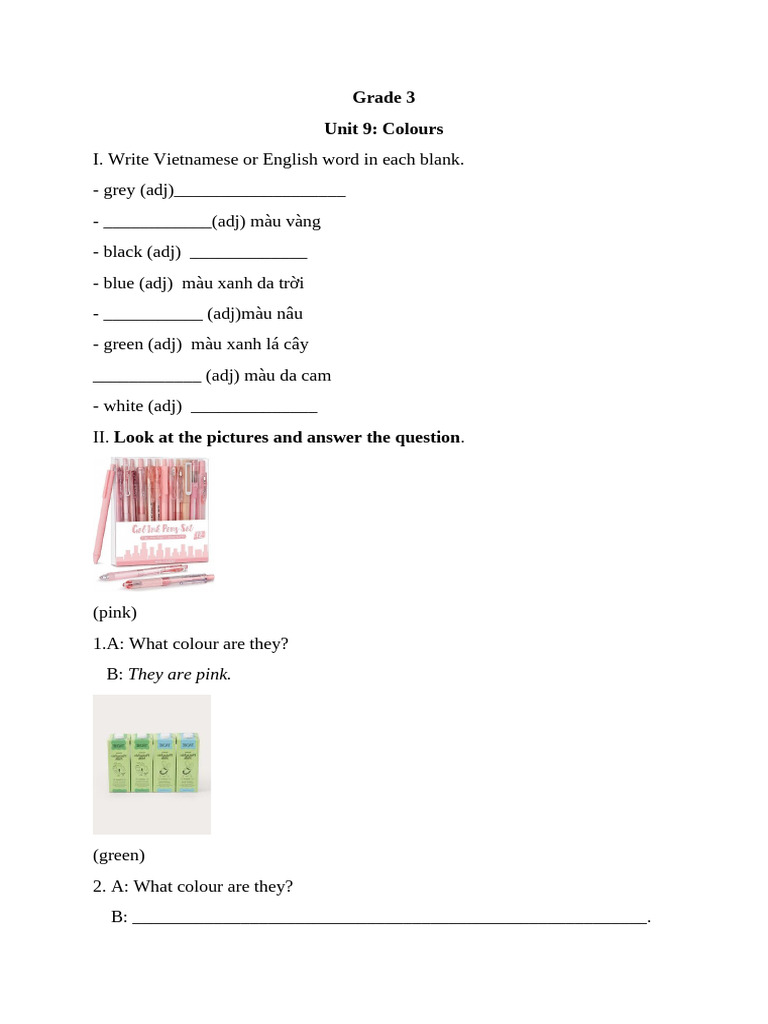 Grade 3 Colours Vocabulary and Exercises | PDF