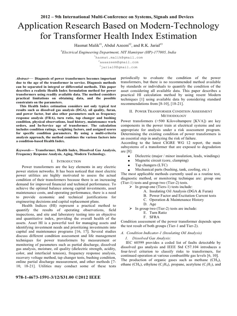 Health Index Estimation for Transformers | PDF | Transformer