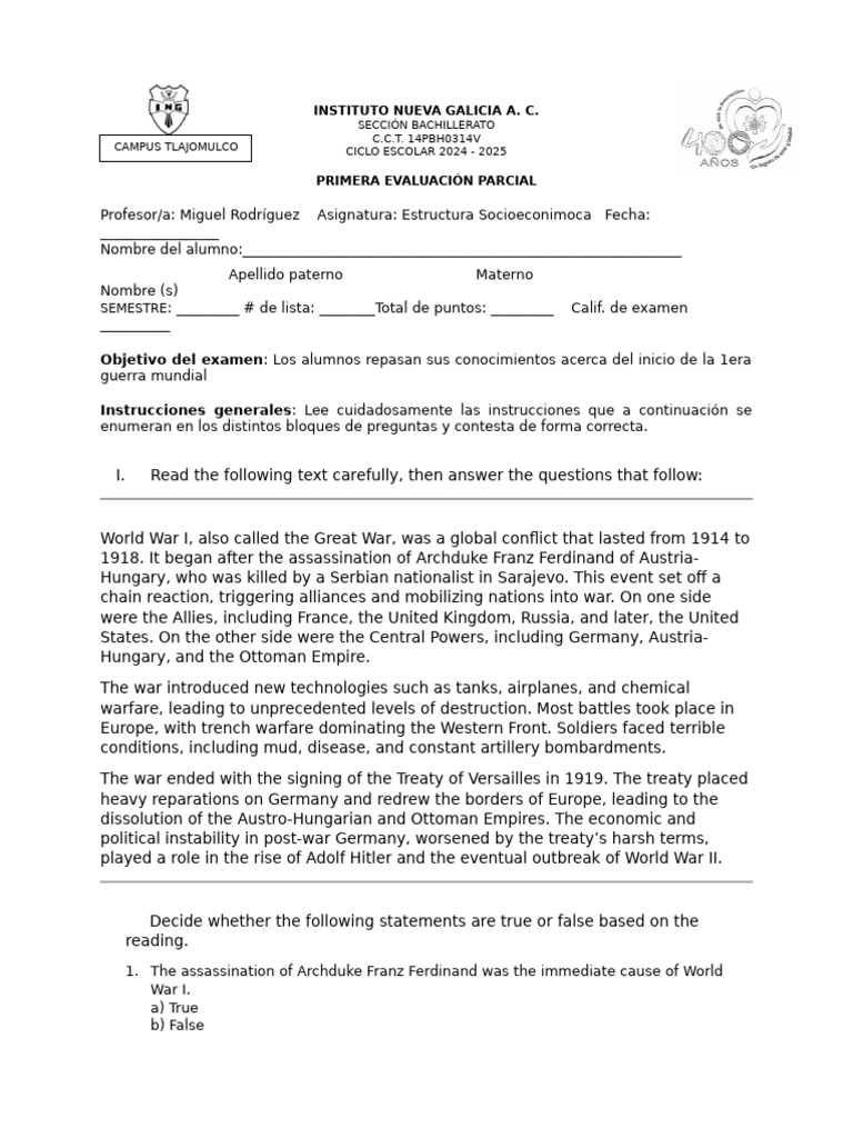 World War I Exam for Socioeconomic Structure | PDF | World War I ...