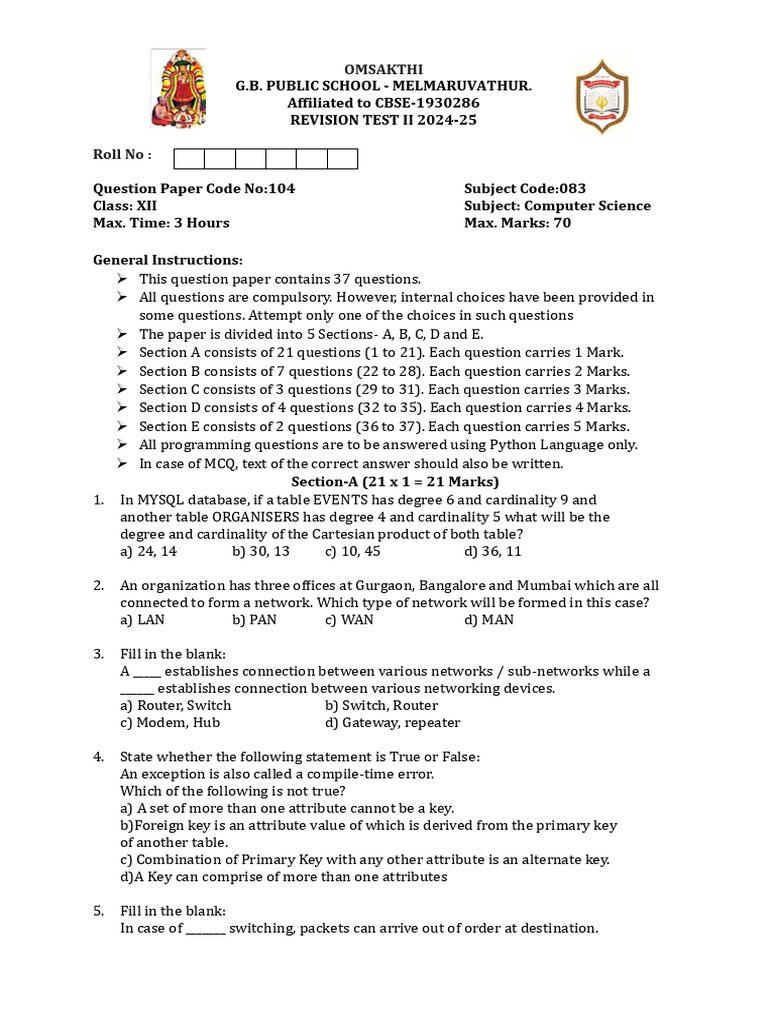 Class Xii Rt2 Cs Qp 2024-25 Mock Paper | PDF | Computer Network | Table (Database)