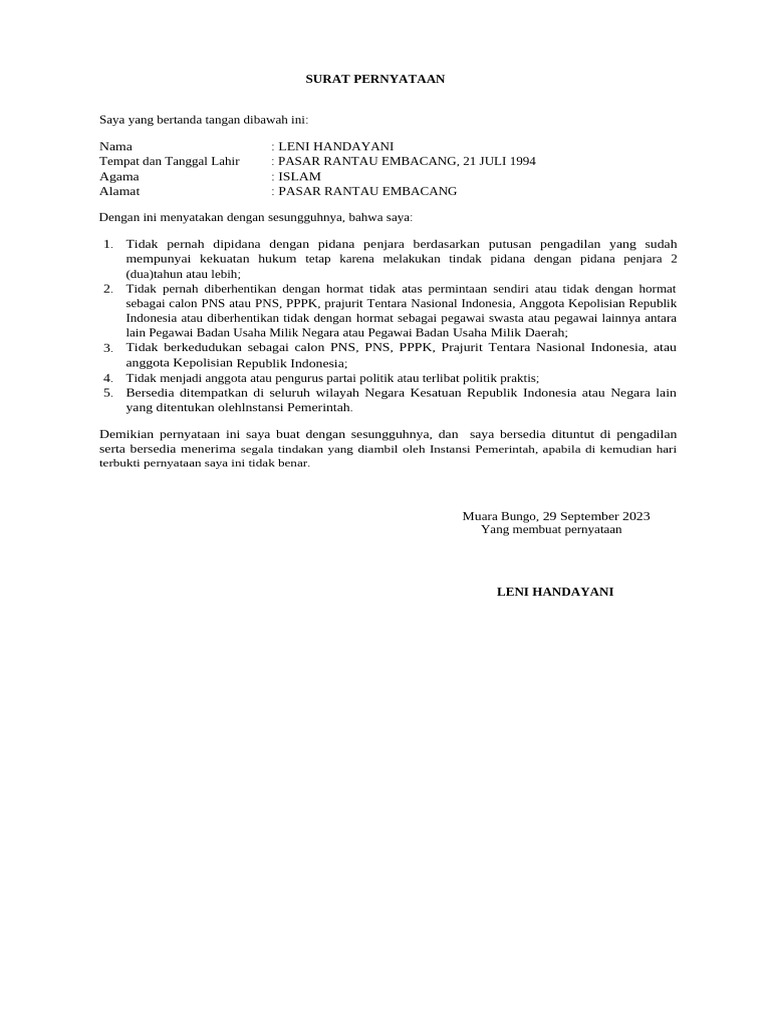 Surat Pernyataan LENI PDF | PDF