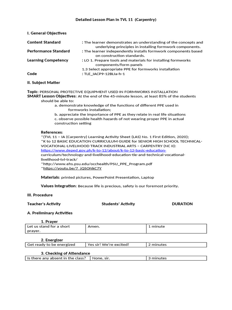 Detailed Lesson Plan in TVL 11 | PDF | Personal Protective Equipment ...