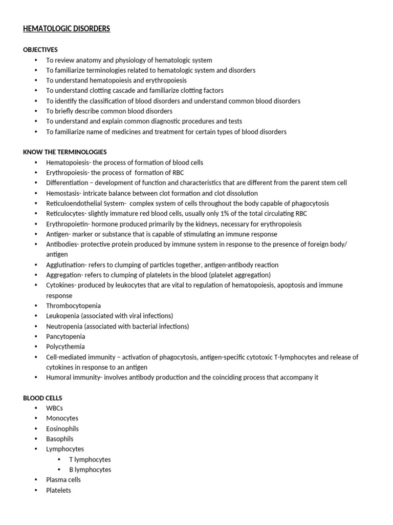 Hematologic Disorders Notes | PDF | Anemia | White Blood Cell
