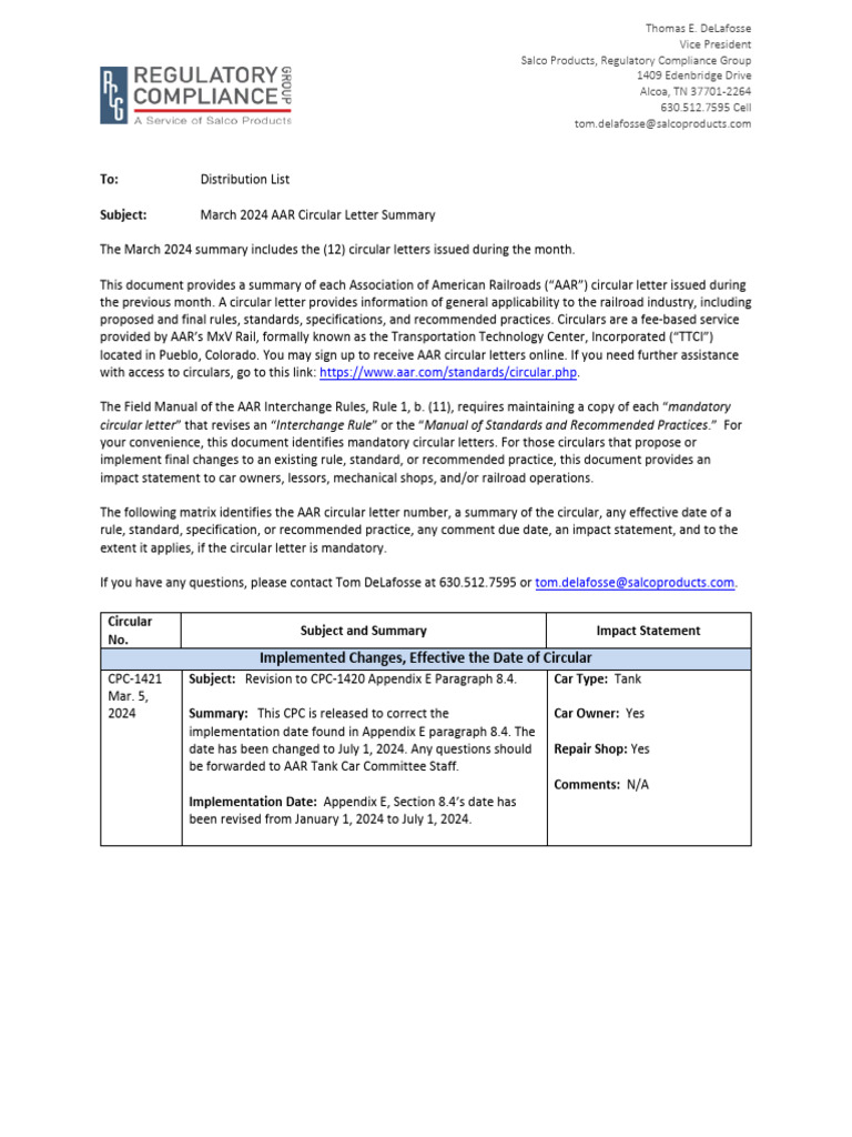 2024 - 3 AAR Circular Letter Summary | PDF | Rail Transport