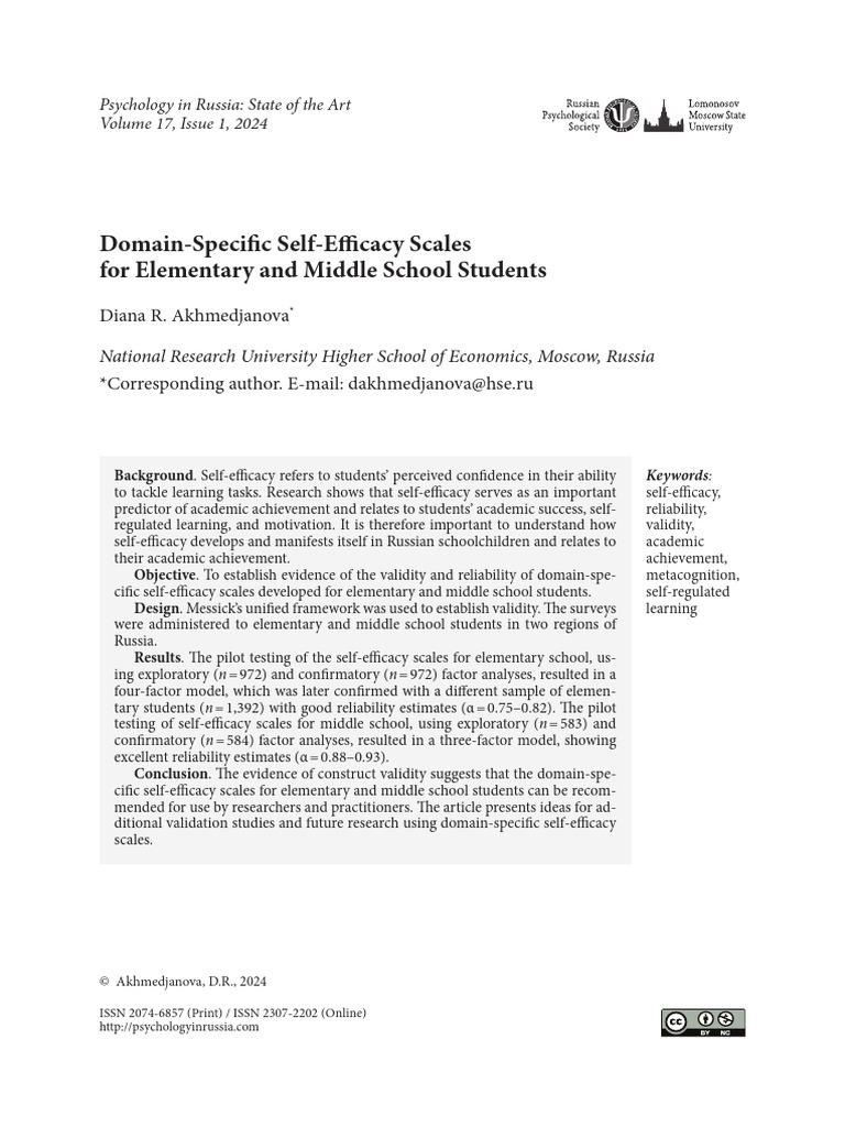 Domain-Specific Self-Efficacy Scales for Elementar | PDF | Self Efficacy | Validity (Statistics)