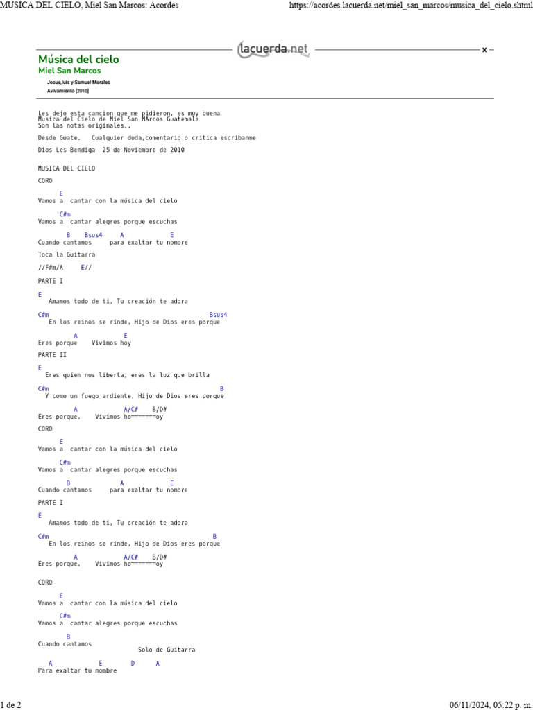 MUSICA DEL CIELO, Miel San Marcos Acordes | PDF