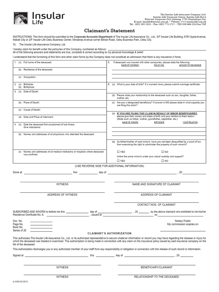 Claimant's Statement (CS) Form | PDF | Life Insurance | Justice