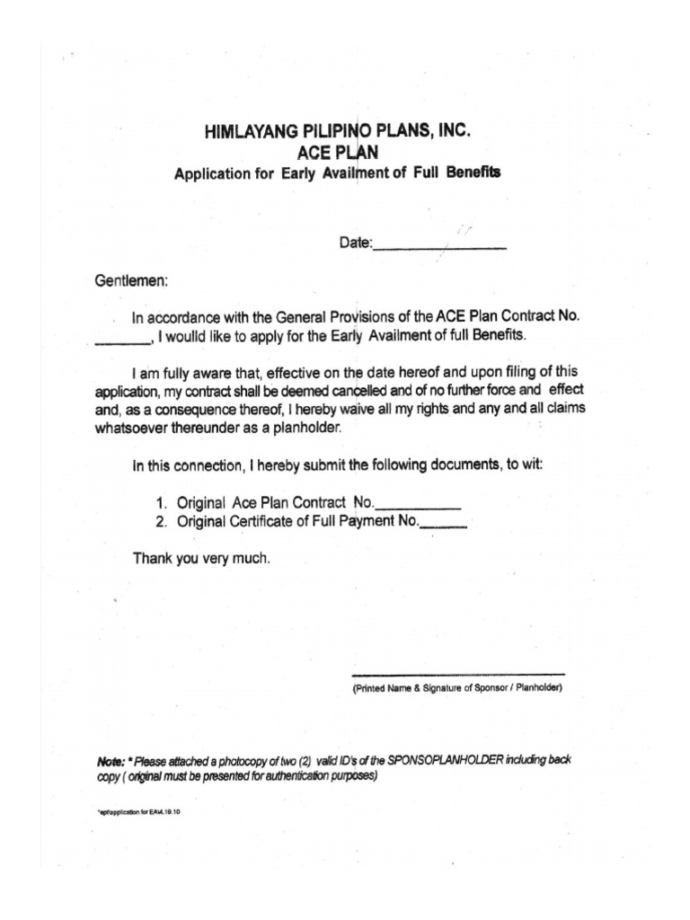 Application For Early Availment of Full Benefits Form | PDF