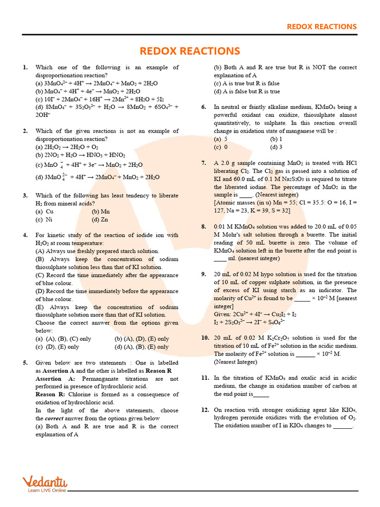JEE Main Redox Reactions and Electrochemistry Practice Paper With Solutions Download PDF | PDF ...
