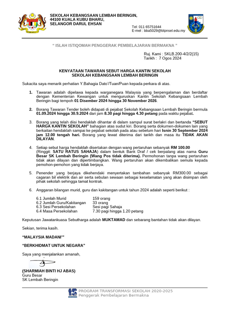 SURAT TAWARAN SEBUT HARGA KANTIN Muka Depan Sahaja | PDF