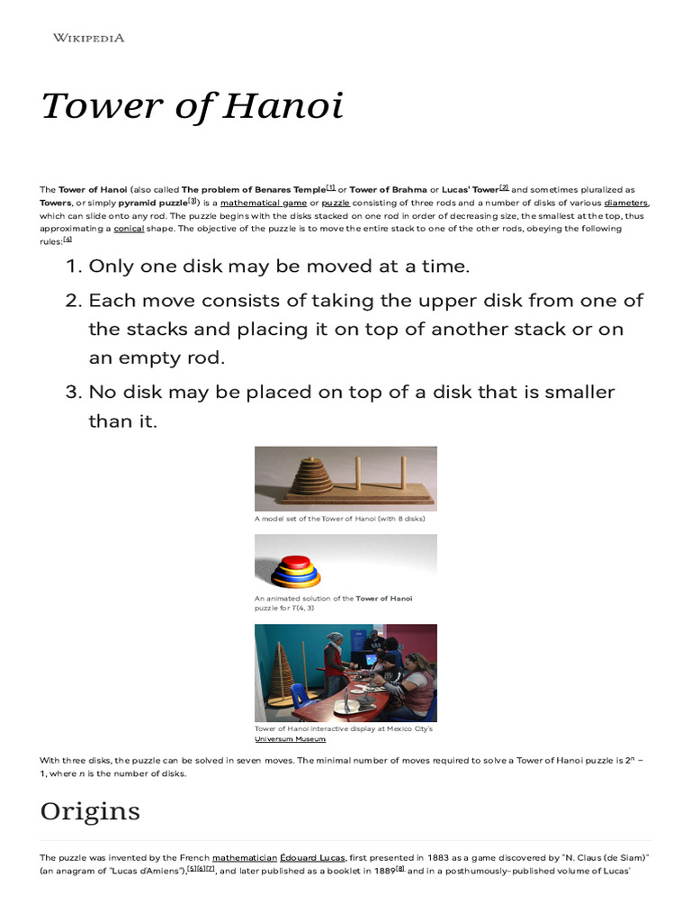 Tower of Hanoi - Wikipedia | PDF | Mathematics