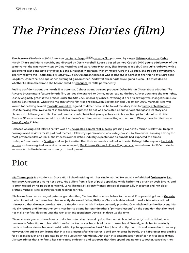 The Princess Diaries (Film) - Wikipedia | PDF | The Princess Diaries