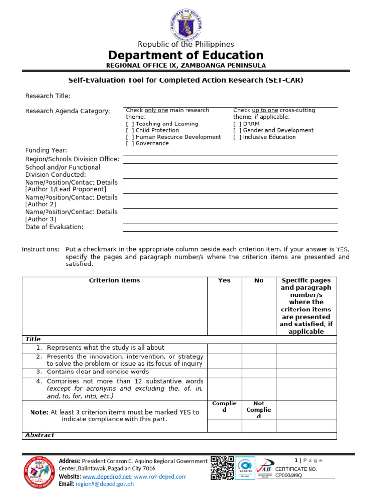 Self Evaluation Tool Completed AR | PDF | Qualitative Research | Survey Methodology