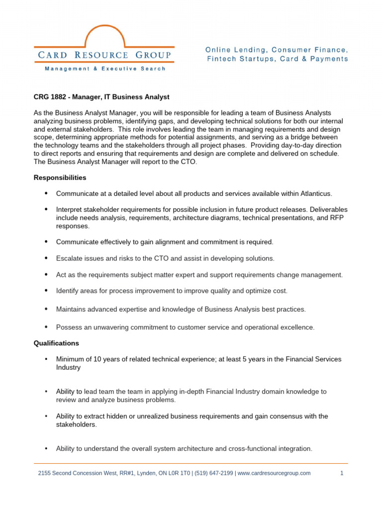 CRG 1882 Manager IT Business Analyst REVISED | PDF | Business Analysis ...