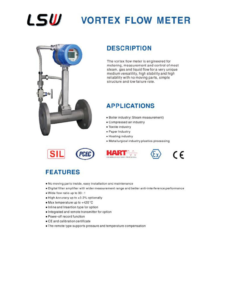 LSW-SM-VM-Vortex-Flow-Meter | PDF | Flow Measurement | Gas Technologies