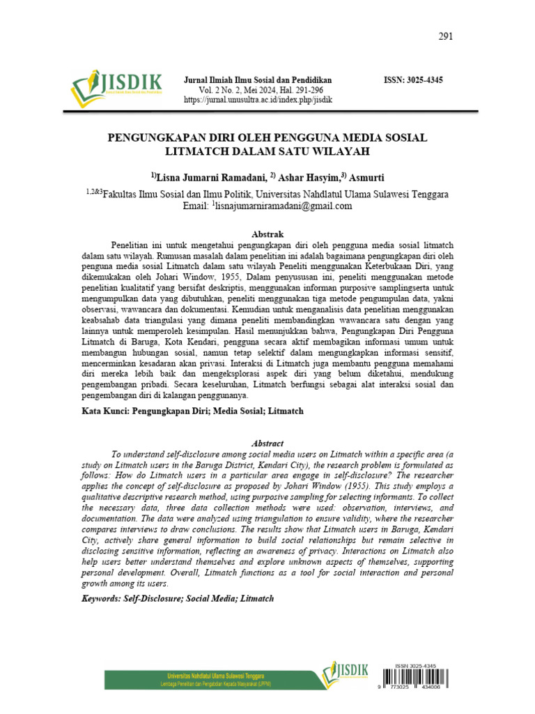 Pengungkapan Diri Oleh Pengguna Media Sosial Litmatch Dalam Satu ...