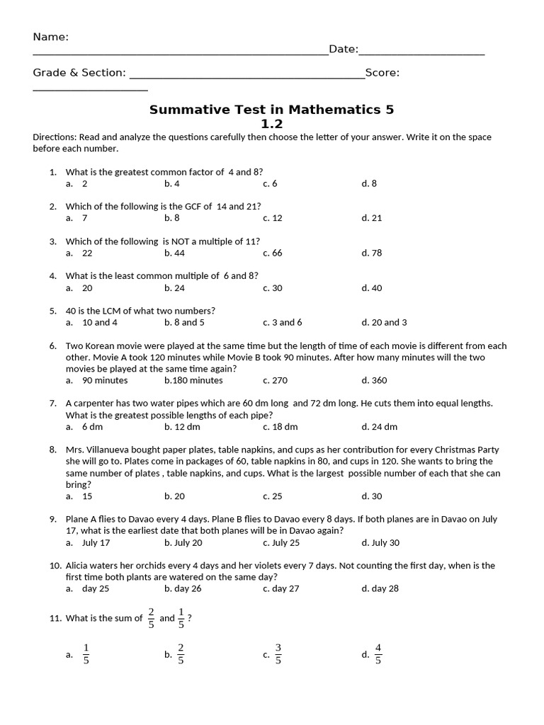 Summative-Test-No.-1.2-Math-5 | PDF | Elementary Mathematics | Mathematics